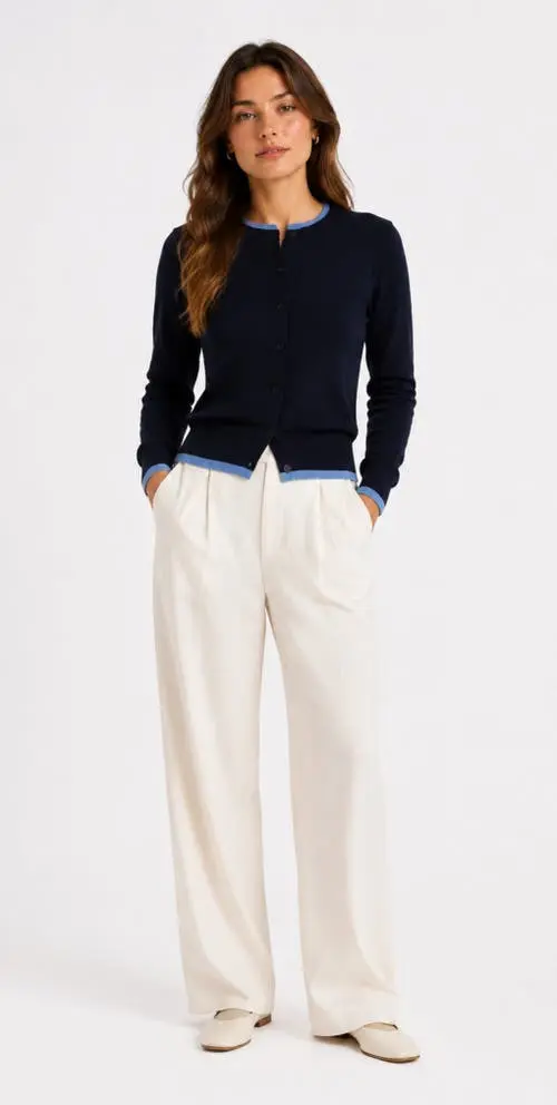 GALLERY SEVEN Wool Blend Contrast Trim Button Cardigan - Deep Navy