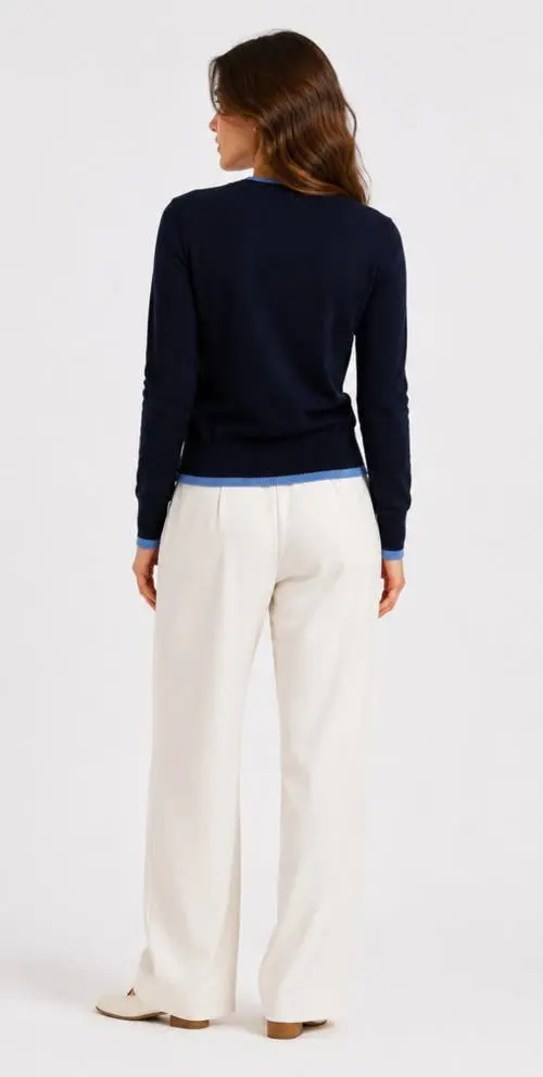 GALLERY SEVEN Wool Blend Contrast Trim Button Cardigan - Deep Navy