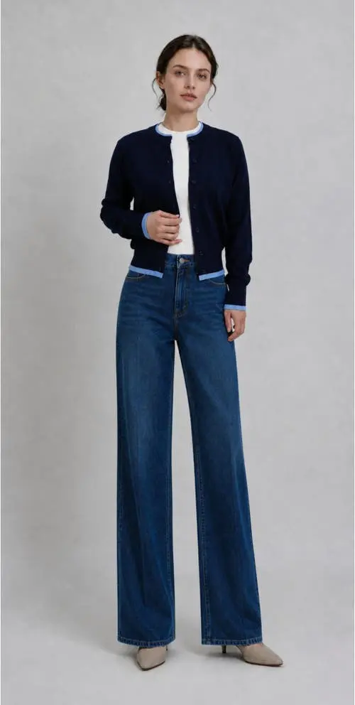 GALLERY SEVEN Wool Blend Contrast Trim Button Cardigan - Deep Navy