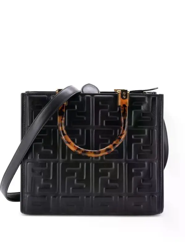 Fendi Sunshine Shopper Tote Zucca Embossed Leather Small Shoulder Bag - Black