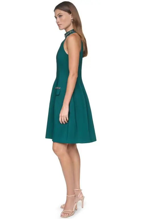 Halston Embellished Halter Fit-and-flare Dress