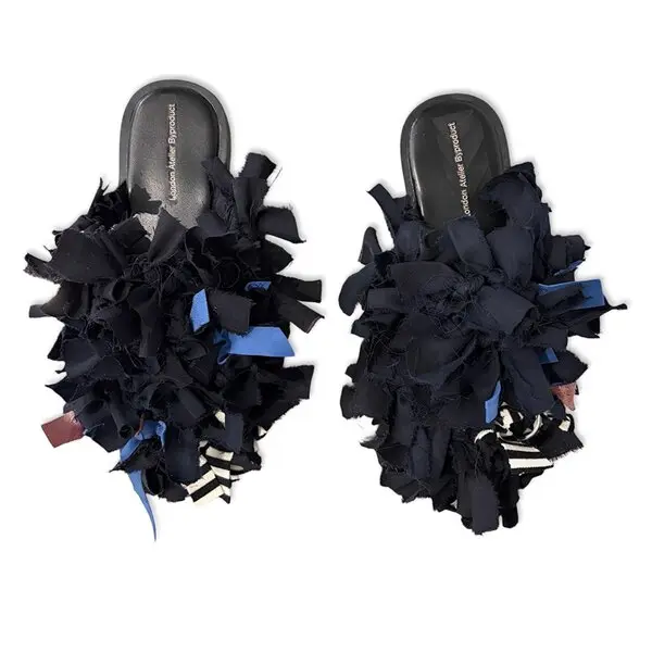 LONDON ATELIER BYPRODUCT Pom Pom Fabric & Leather Mules Slip On Shoes - Black