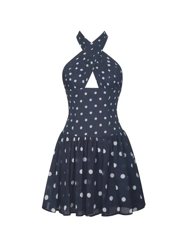 MISS CIRCLE NEW YORK Yamina Navy Polka Dot Ramie Crossover Halter Gathered Mini Dress - Blue