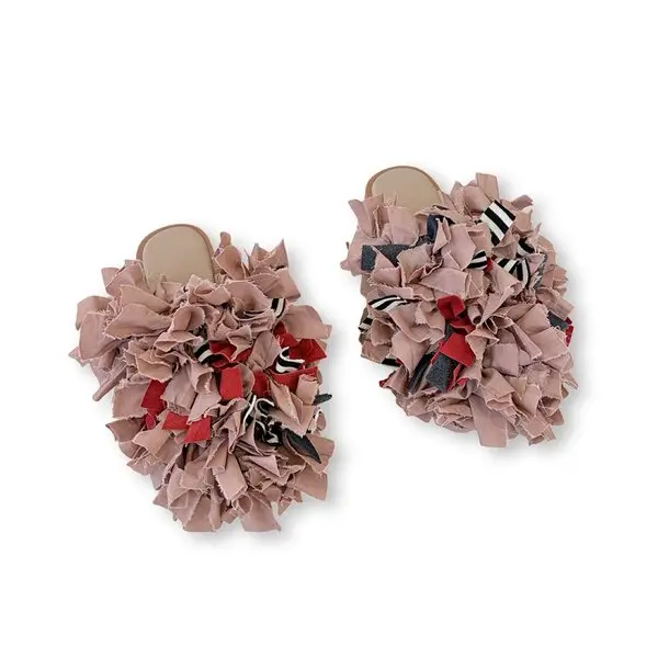 LONDON ATELIER BYPRODUCT Neutrals Pom Pom Blush Fabric & Leather Mules Slip On Shoes - Black