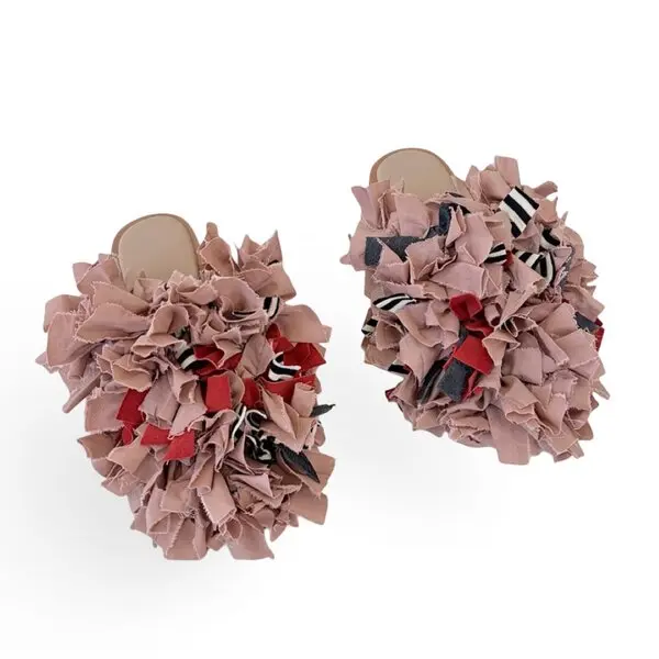 LONDON ATELIER BYPRODUCT Neutrals Pom Pom Blush Fabric & Leather Mules Slip On Shoes - Black