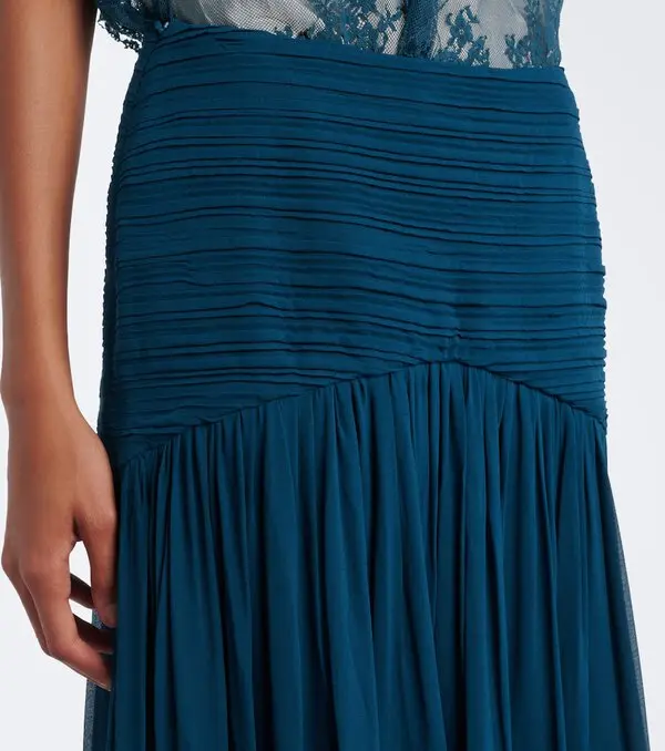 JACQUES WEI Pleated Chiffon Maxi Skirt - Blue