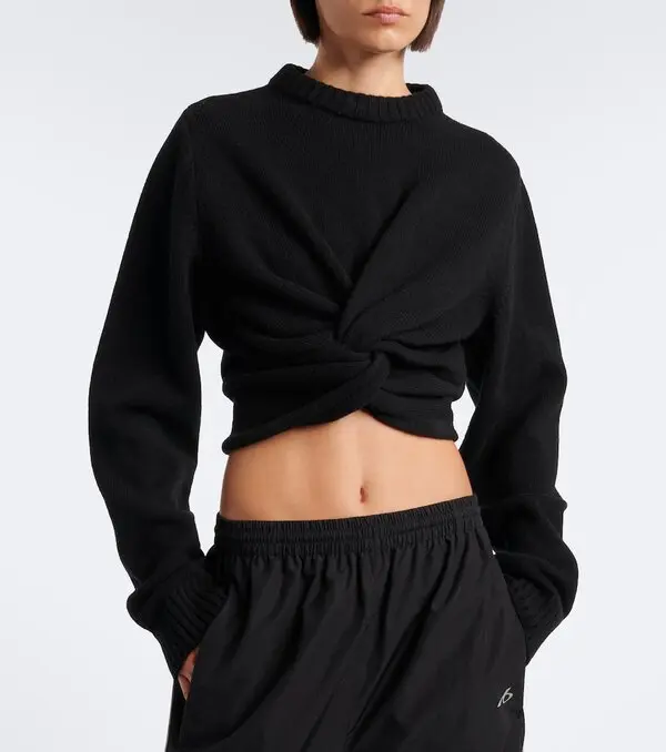 Balenciaga Cropped Gathered Wool Sweater - Black