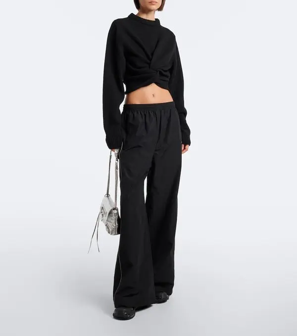 Balenciaga Cropped Gathered Wool Sweater - Black