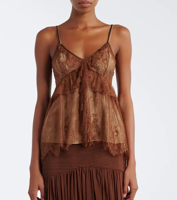 JACQUES WEI Ruffled Lace Camisole - Brown