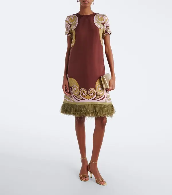 La DoubleJ Kells Swirl Feather-trimmed Silk Minidress