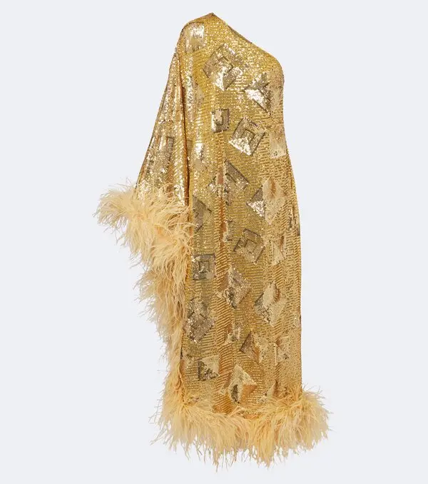 TALLER MARMO Feather-trimmed Sequined Gown