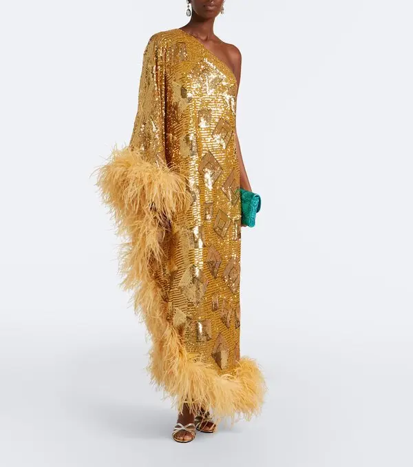 TALLER MARMO Feather-trimmed Sequined Gown
