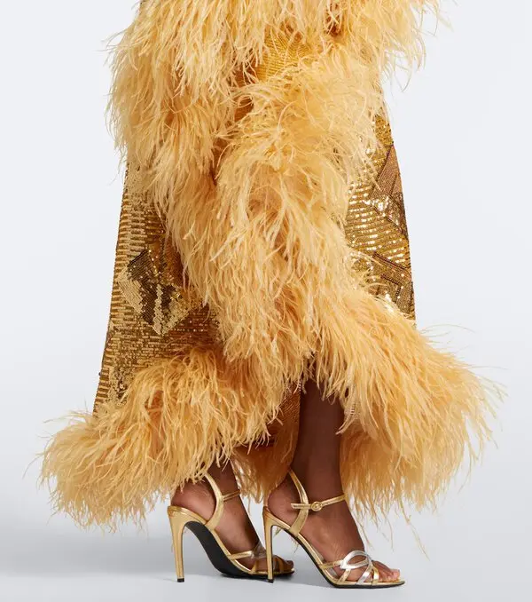 TALLER MARMO Feather-trimmed Sequined Gown
