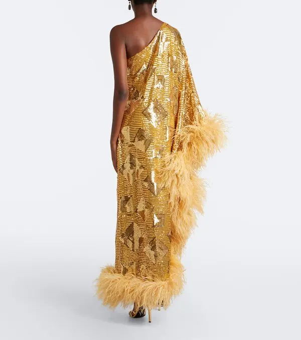 TALLER MARMO Feather-trimmed Sequined Gown