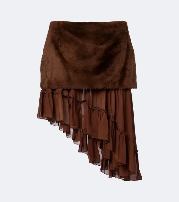 JACQUES WEI Layered Shearling And Chiffon Miniskirt