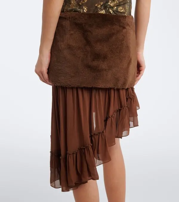 JACQUES WEI Layered Shearling And Chiffon Miniskirt