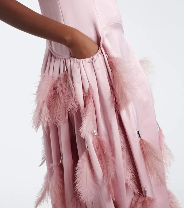 JACQUES WEI Feather-trimmed Satin Gown