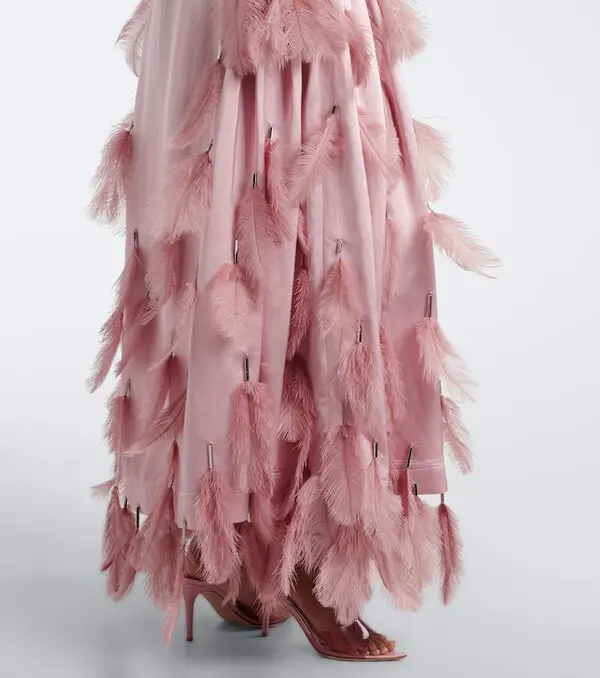 JACQUES WEI Feather-trimmed Satin Gown