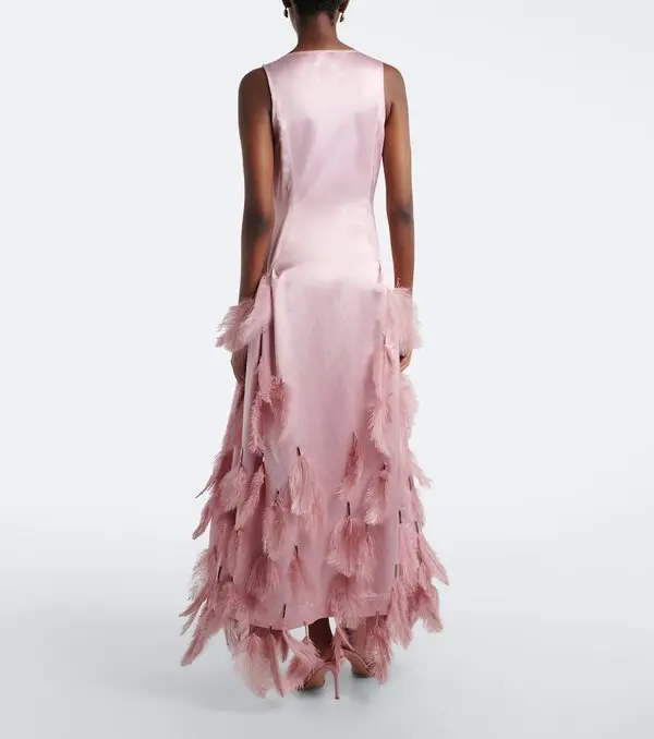JACQUES WEI Feather-trimmed Satin Gown