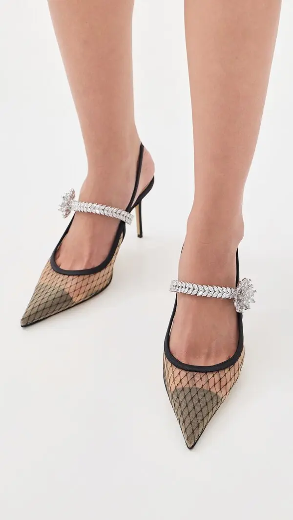 Mach & Mach Lotus Flower Fishnet Slingback Pumps