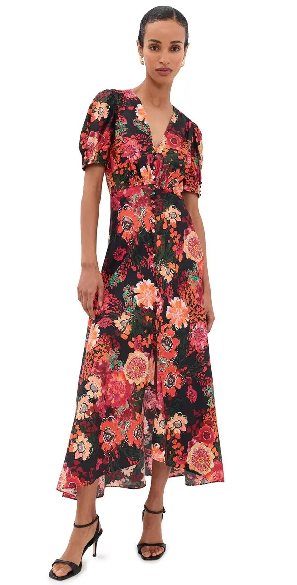Saloni Lea Silk Long Dress - Aster Flame