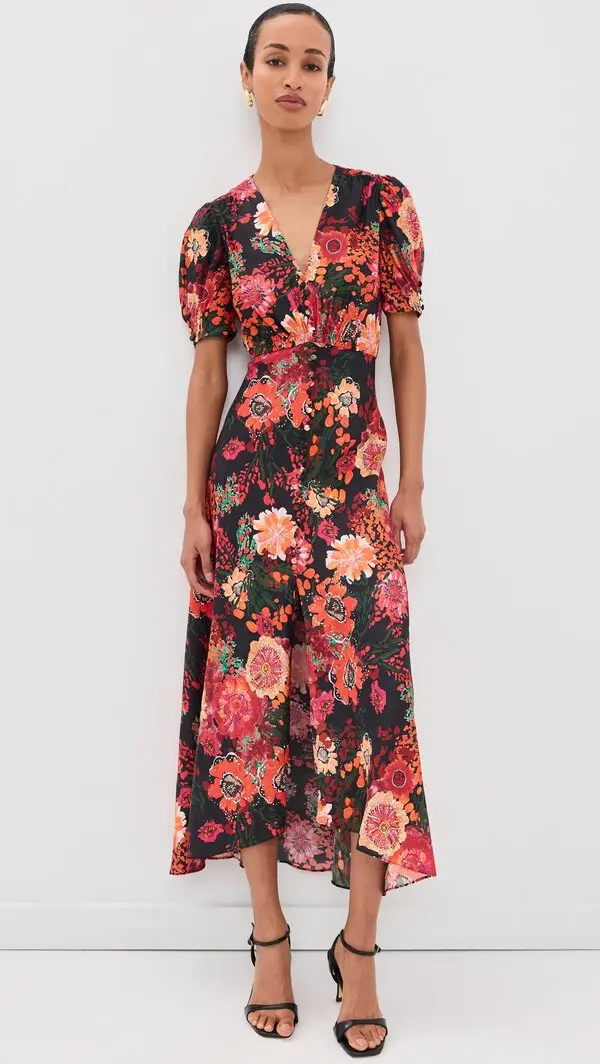 Saloni Lea Silk Long Dress - Aster Flame