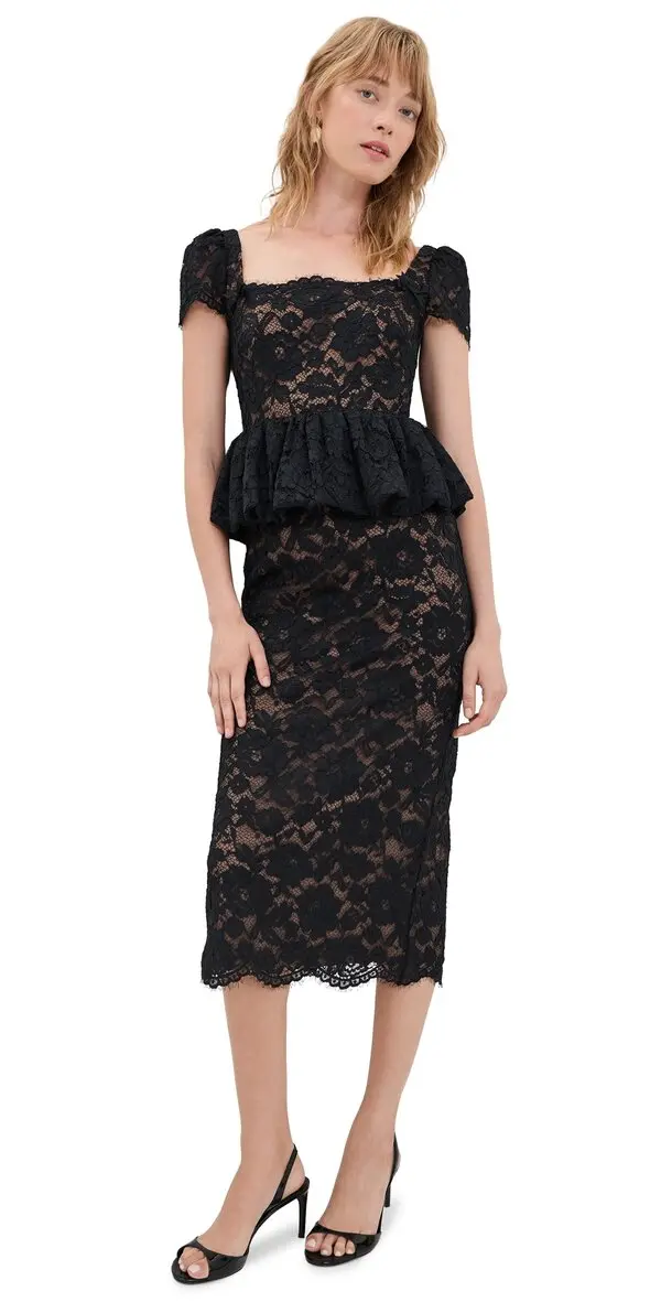 SELF-PORTRAIT Fine Lace Peplum Midi Dress