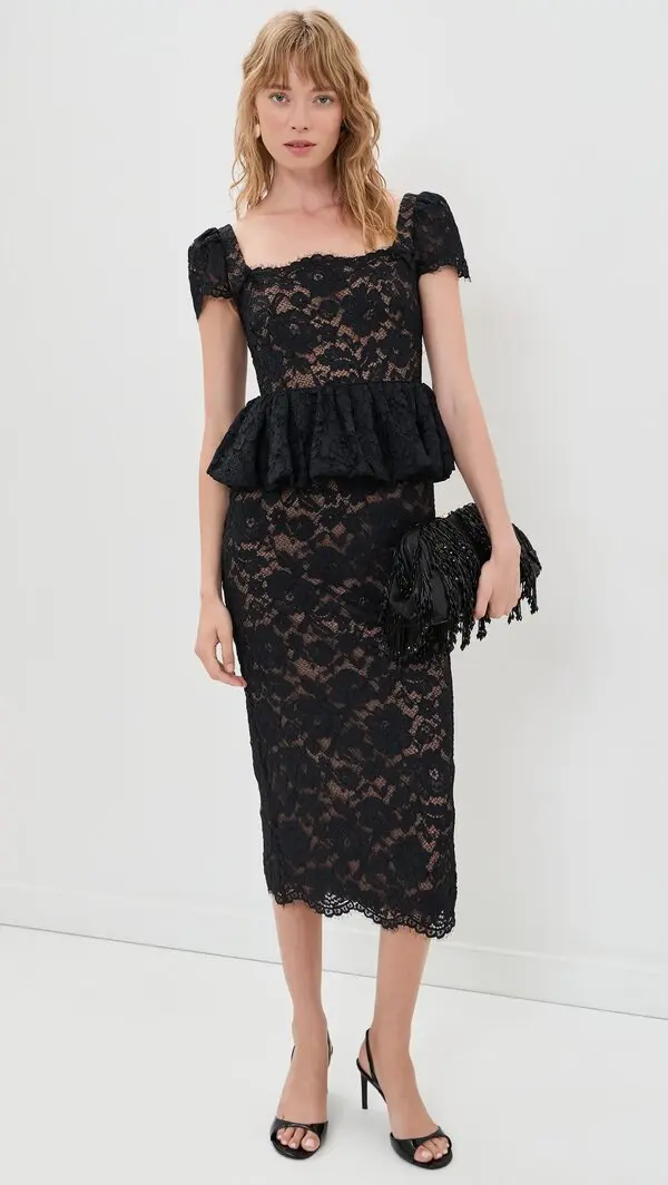 SELF-PORTRAIT Fine Lace Peplum Midi Dress