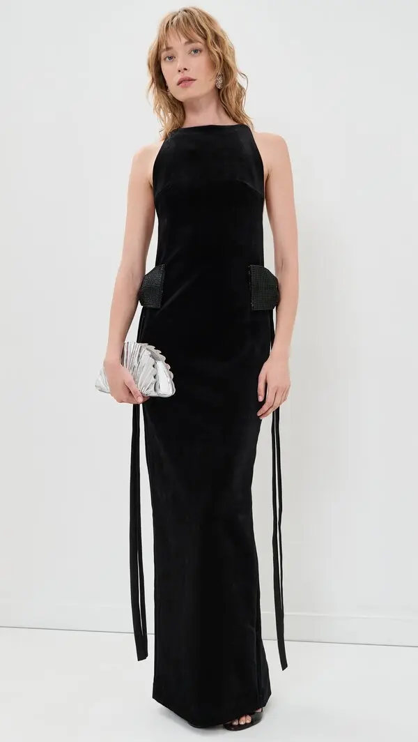 SELF-PORTRAIT Velvet Bow Sides Maxi Dress
