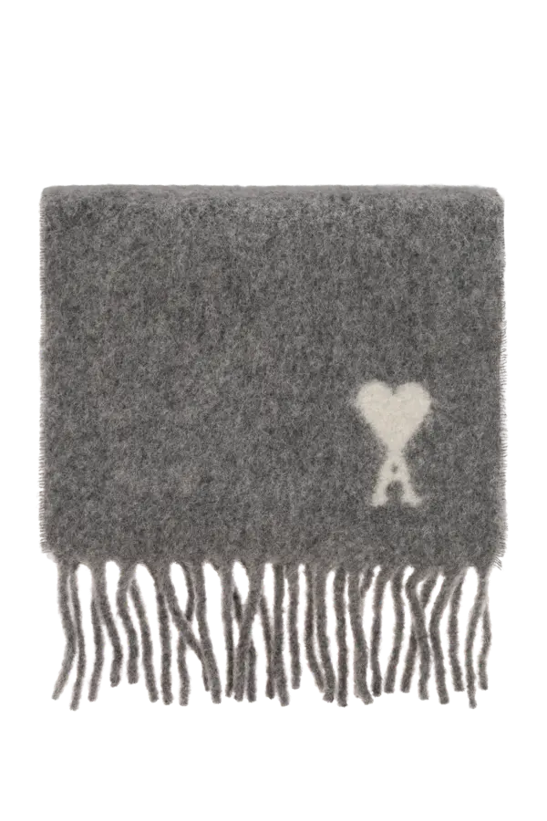 AMI Paris Wool Scarf With Logo - Grey