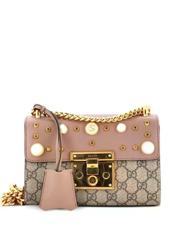 Gucci Pearly Padlock Shoulder Bag Gg Coated Canvas With Studded Leather Small Crossbody Bag - Brown