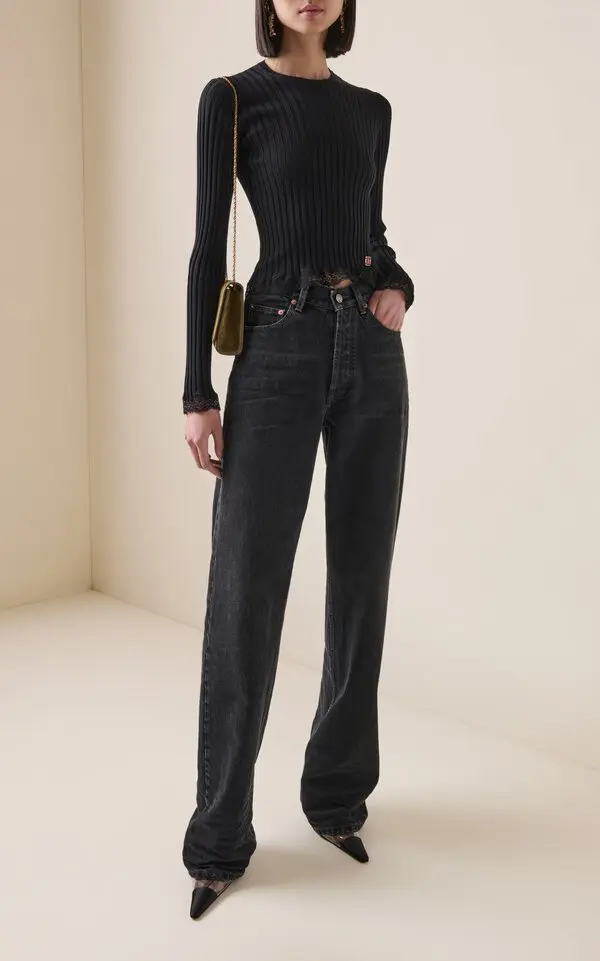 Saint Laurent Cassandre Lace-trimmed Knit Top