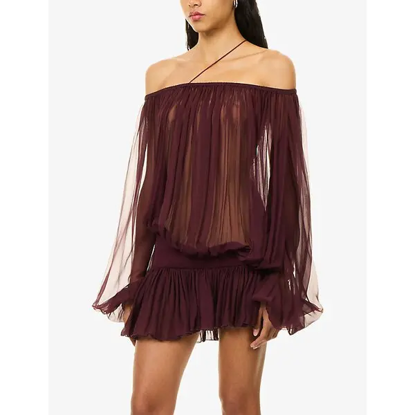 NENSI DOJAKA Ruched Off-shoulder Silk Mini Dress