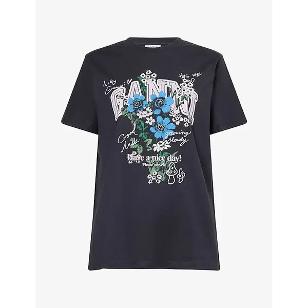 GANNI Floral-print Cotton T-shirt - Phantom
