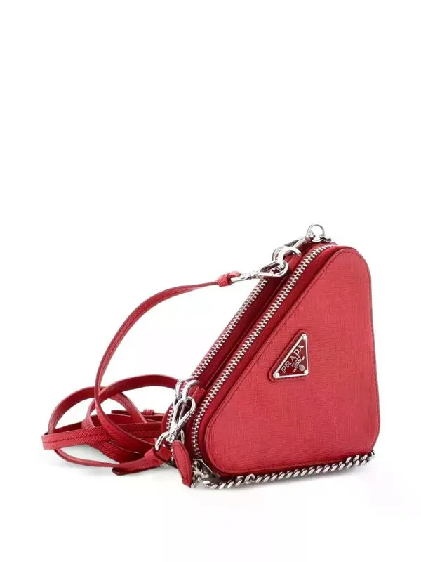 Prada Triangle Double Zip Pouch Bag With Chain Saffiano Leather Mini Crossbody Bag - Red