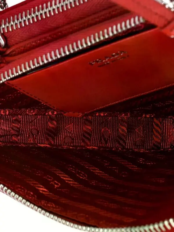 Prada Triangle Double Zip Pouch Bag With Chain Saffiano Leather Mini Crossbody Bag - Red