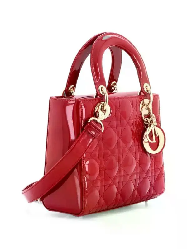 Dior Lady Bag Cannage Quilt Patent Small Satchel - Red