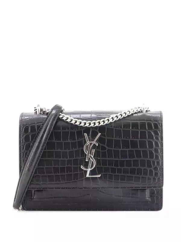 Saint Laurent Sunset Chain Wallet Crocodile Embossed Leather Crossbody Bag - Black