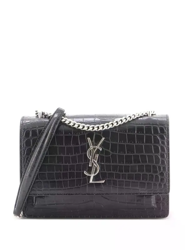 Saint Laurent Sunset Chain Wallet Crocodile Embossed Leather Crossbody Bag - Black