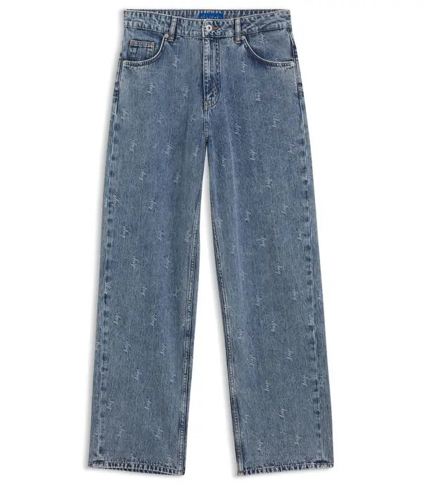Hugo Wide-leg Loose-fit Jeans In Logo-jacquard Denim