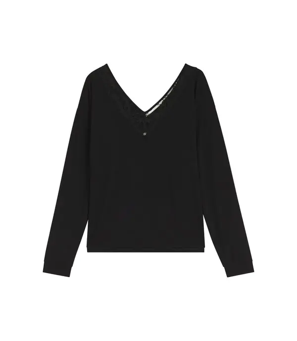 BOSS Long-sleeve Pajama Top With Lace Neckline - Black