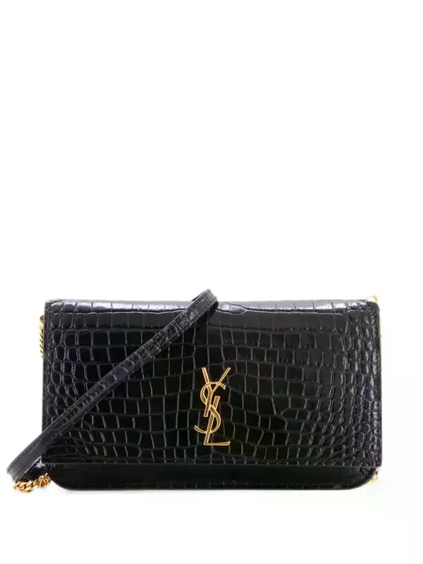 Saint Laurent Classic Monogram Phone Holder Shoulder Bag Crocodile Embossed Leather Crossbody Bag - Black
