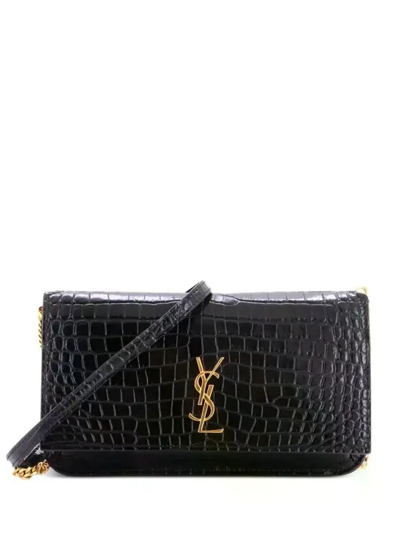 Saint Laurent Classic Monogram Phone Holder Shoulder Bag Crocodile Embossed Leather Crossbody Bag - Black