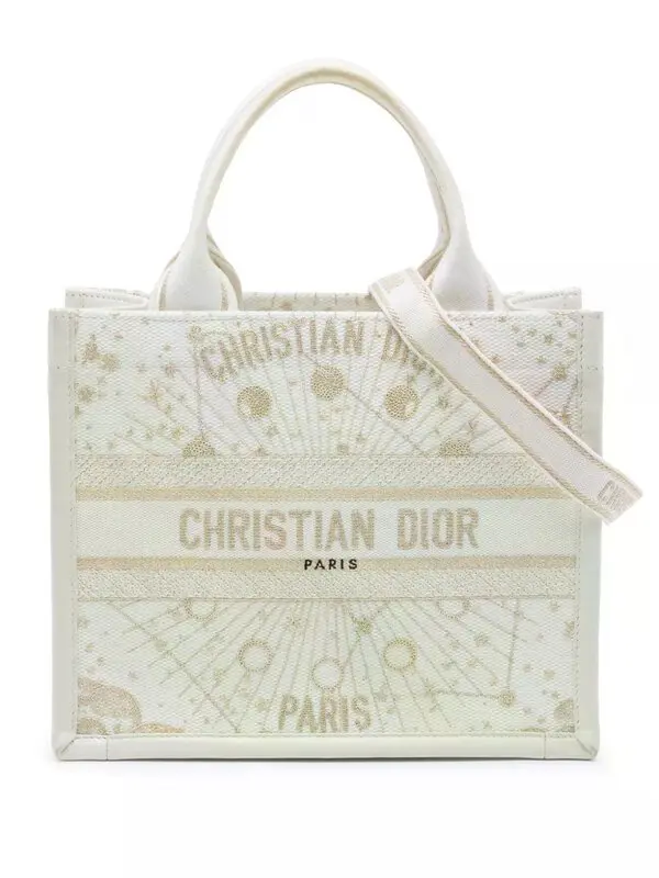 Dior 2024 Small Embroidered Canvas Gold Star Book Tote Satchel - White
