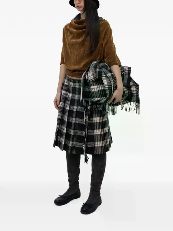 OPEN YY Check-pattern Fringed Skirt