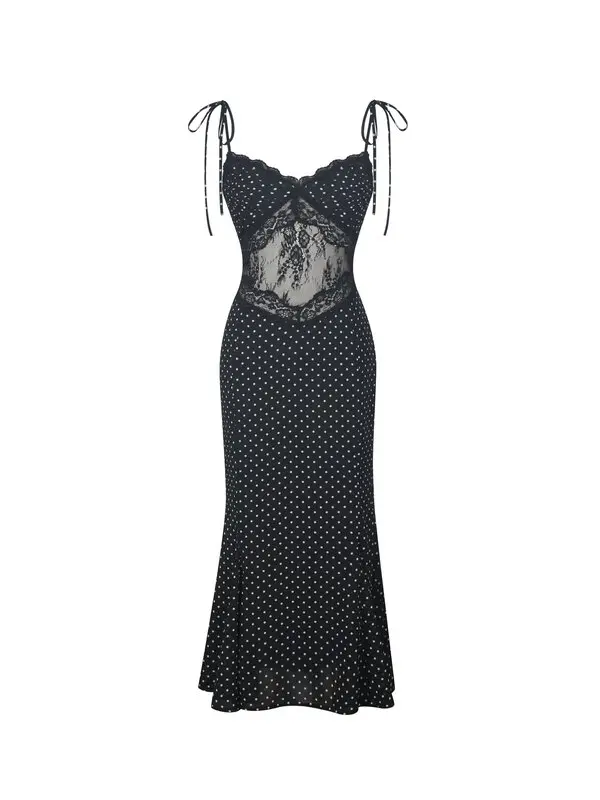 MISS CIRCLE NEW YORK Zehra Polka Dot Chiffon Lace Cutout Mermaid Midi Dress - Black
