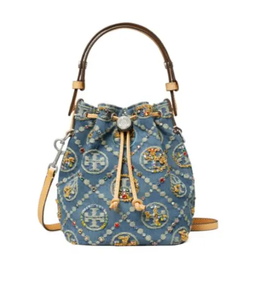 Tory Burch T Monogram Mini Denim Bucket Bag - Gray