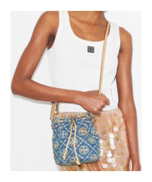 Tory Burch T Monogram Mini Denim Bucket Bag