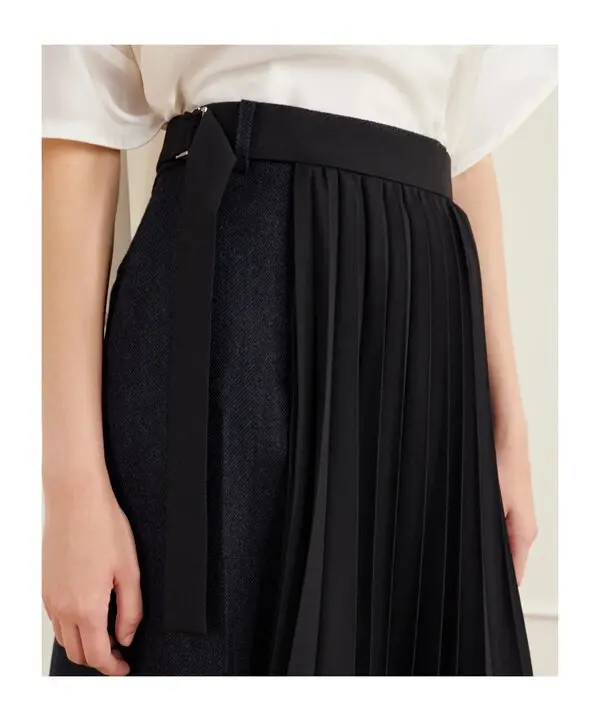 Sacai Pleated Herringbone Blend Midi Skirt