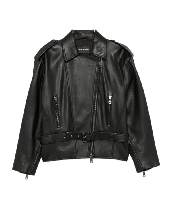Emporio Armani Leather Jacket With A Zipper - Black